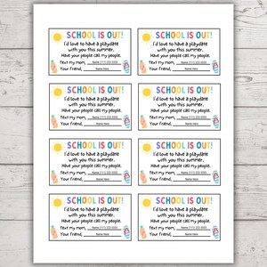 Playdate Cards, Printable Summer Contact Card, End of School Cards for ...