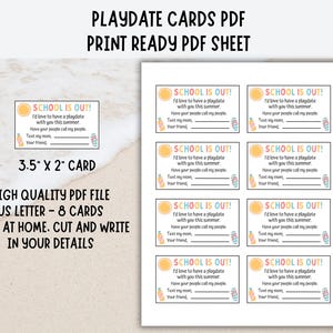 Playdate Cards, Editable & Printable Kids Summer Contact Card, End of ...