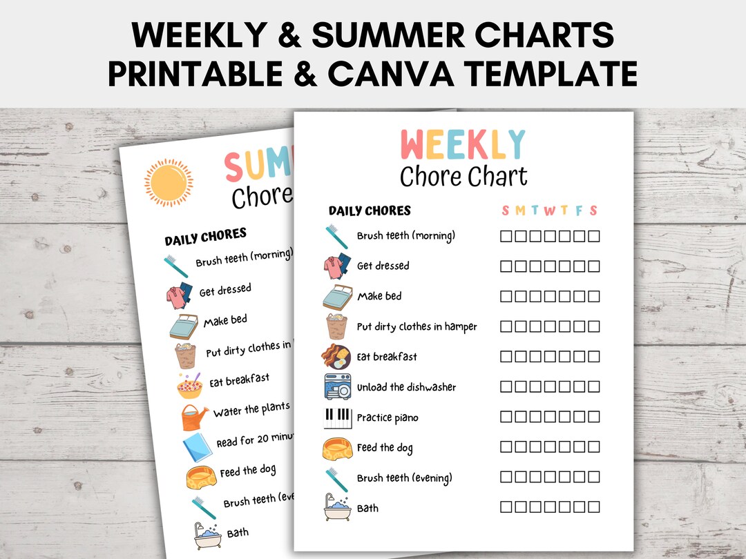 Chore Chart for Kids, Summer Chore Chart Editable, Weekly Chore Chart ...