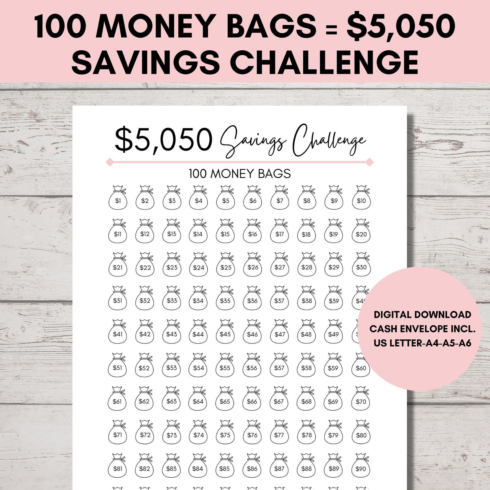 100 Envelope Challenge Printable, 5050 Money Savings Printable Challenge, Finance Tracker ...
