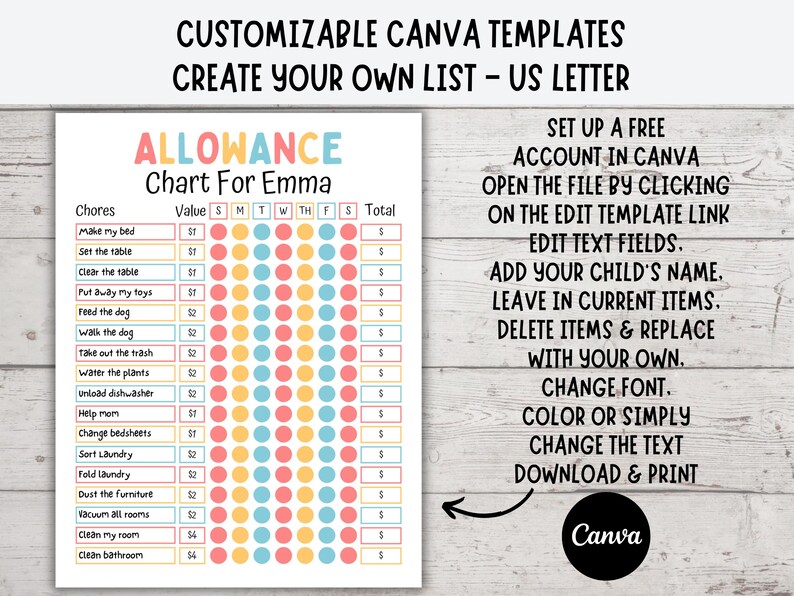 Allowance Chart for Kids, Reward Bucks Printable, Reward Chart ...