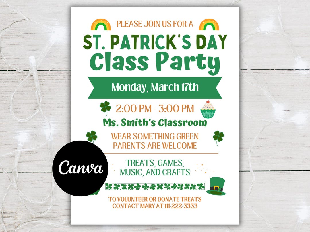 St Patricks Day Class Party Invite, School PTA PTO Flyer, Flyer ...