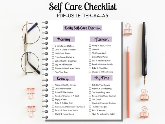 Daily Self Care Checklist Day at A Glance 1 Page Wellbeing - Etsy