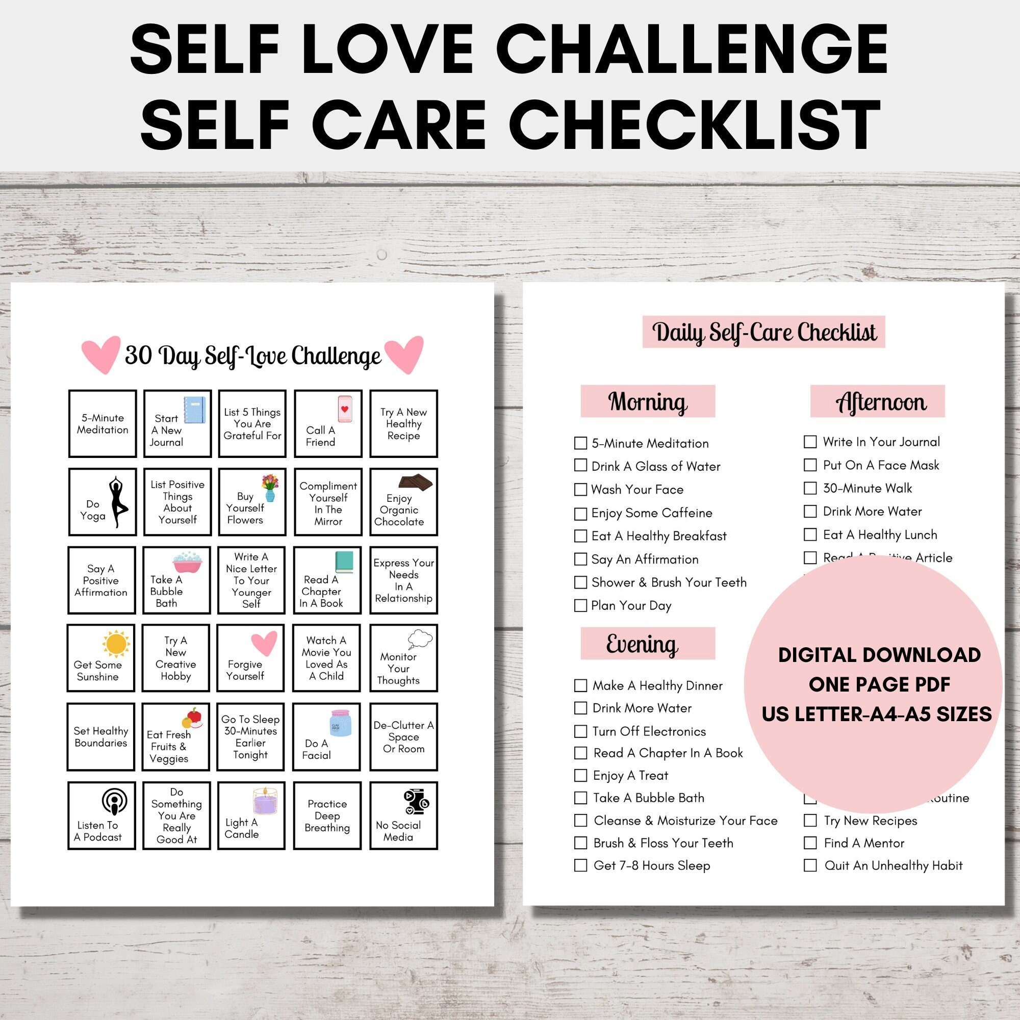 Self Love Challenge 30 Day Printable PDF Self Care Checklist - Etsy