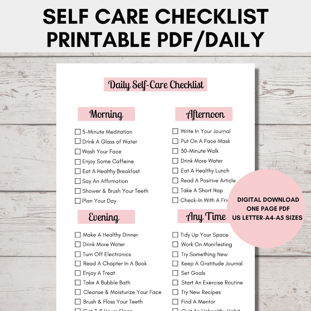 Self Care Checklist Printable, Self Care Planner, Daily Self Care Habit ...