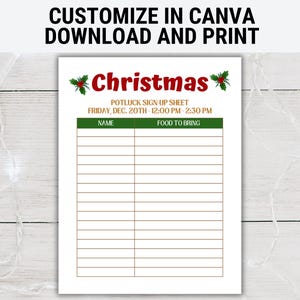 Christmas Potluck Sign up Sheet, Christmas Potluck Template, Christmas ...