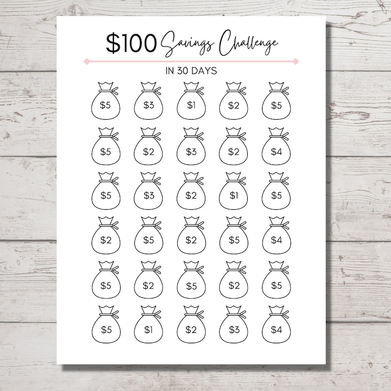30 Day Challenge Printable to Save 100, Save 100 in 30 Days, No Spend ...