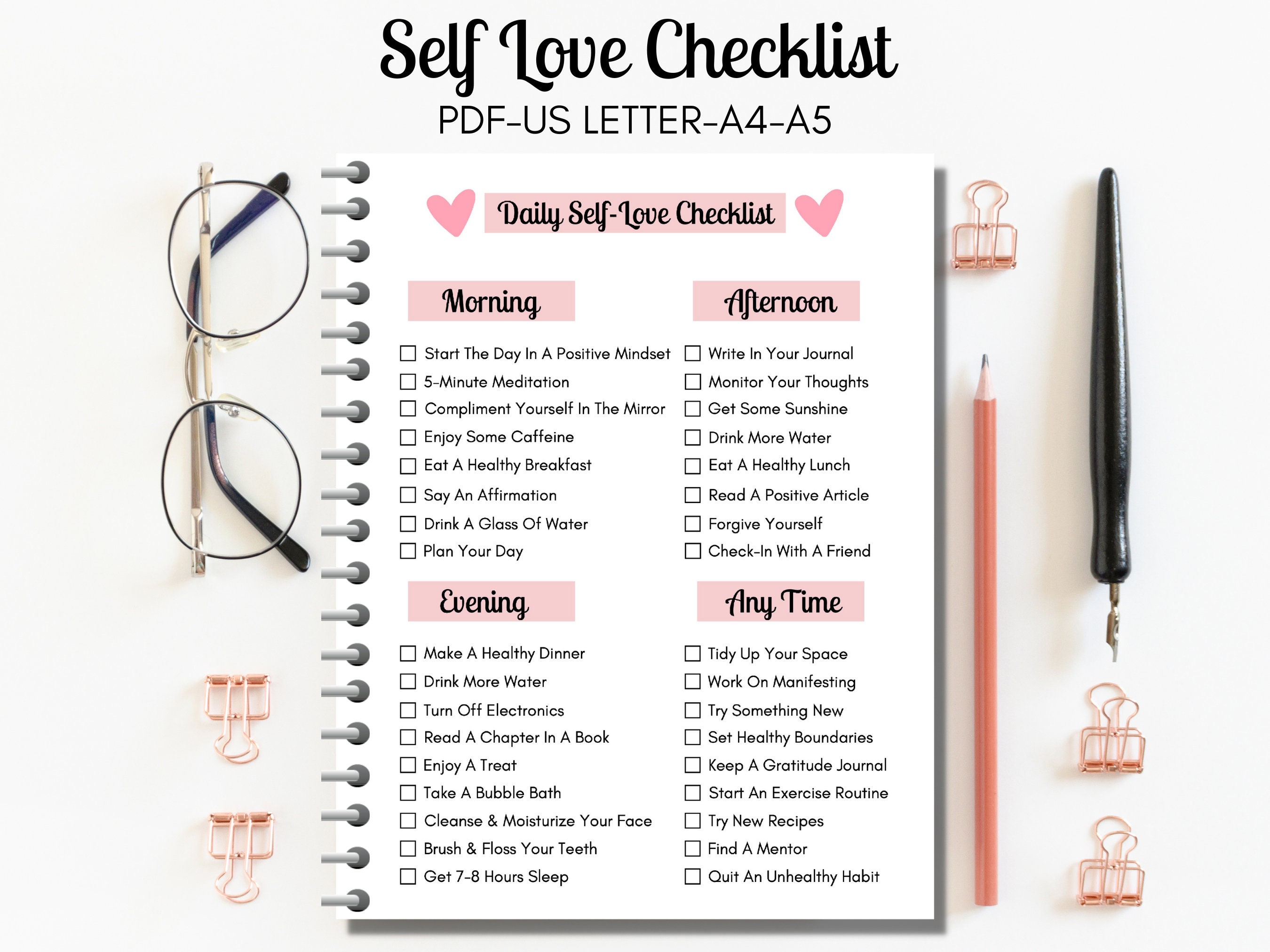 Self Love Checklist Printable PDF, Daily Routine Self Love, Daily Habit ...