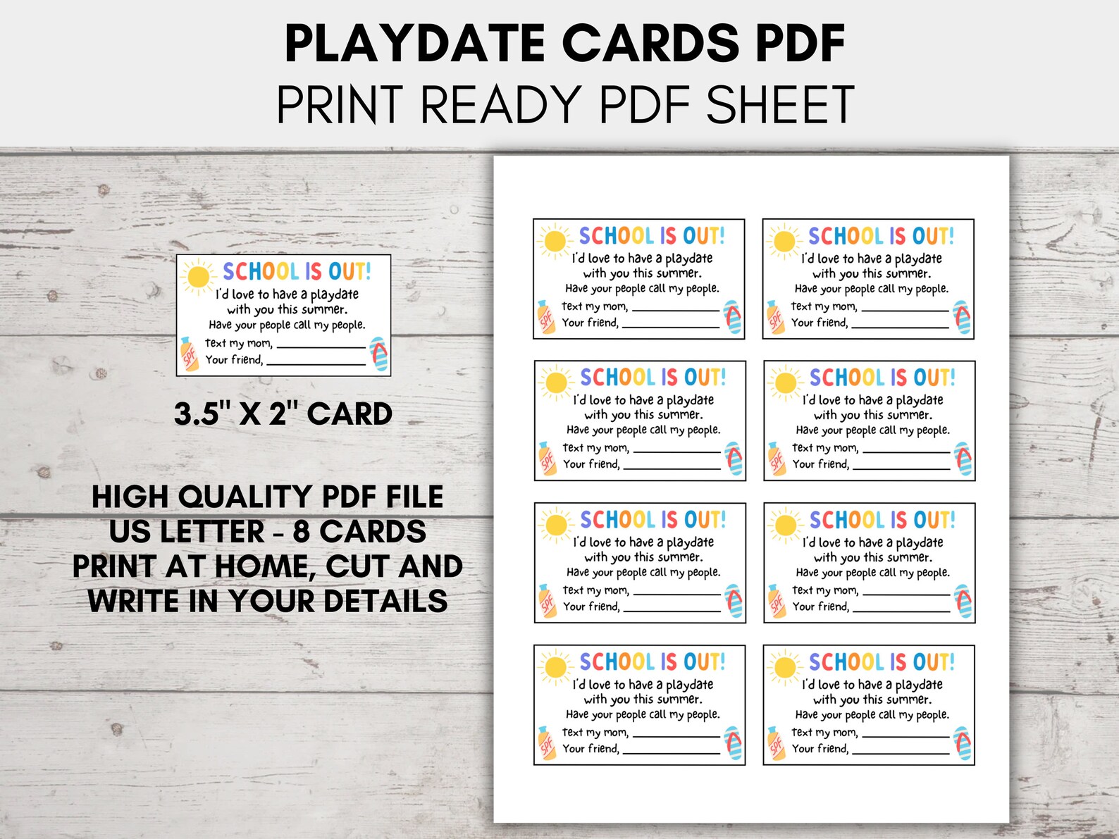 Playdate Cards, Printable Summer Contact Card, End of School Cards for ...