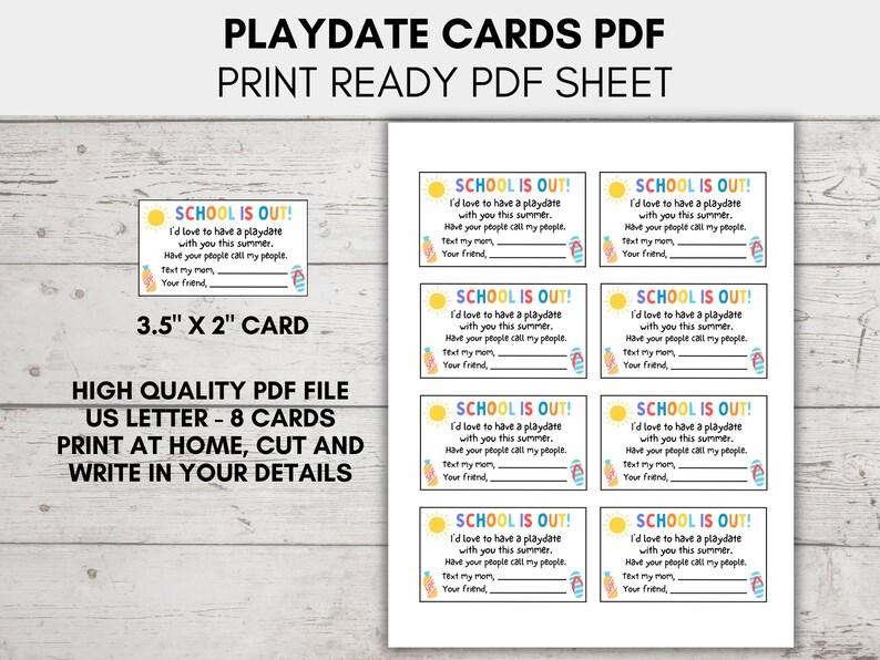 Playdate Cards, Printable Summer Contact Card, End of School Cards for ...