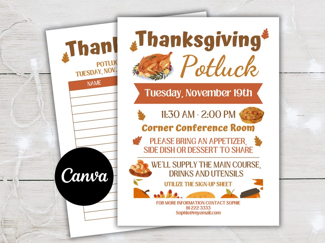 Thanksgiving Potluck Flyer and Sign up Sheet, Thanksgiving Potluck ...