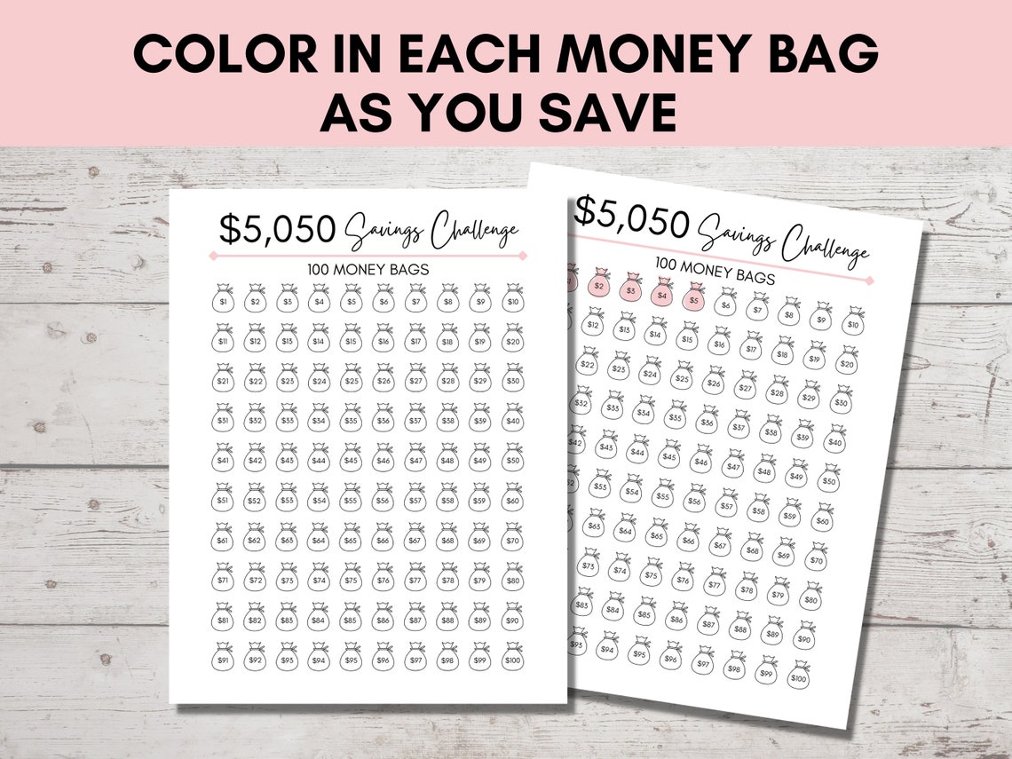 100 Envelope Challenge Printable, 5050 Money Savings Printable ...