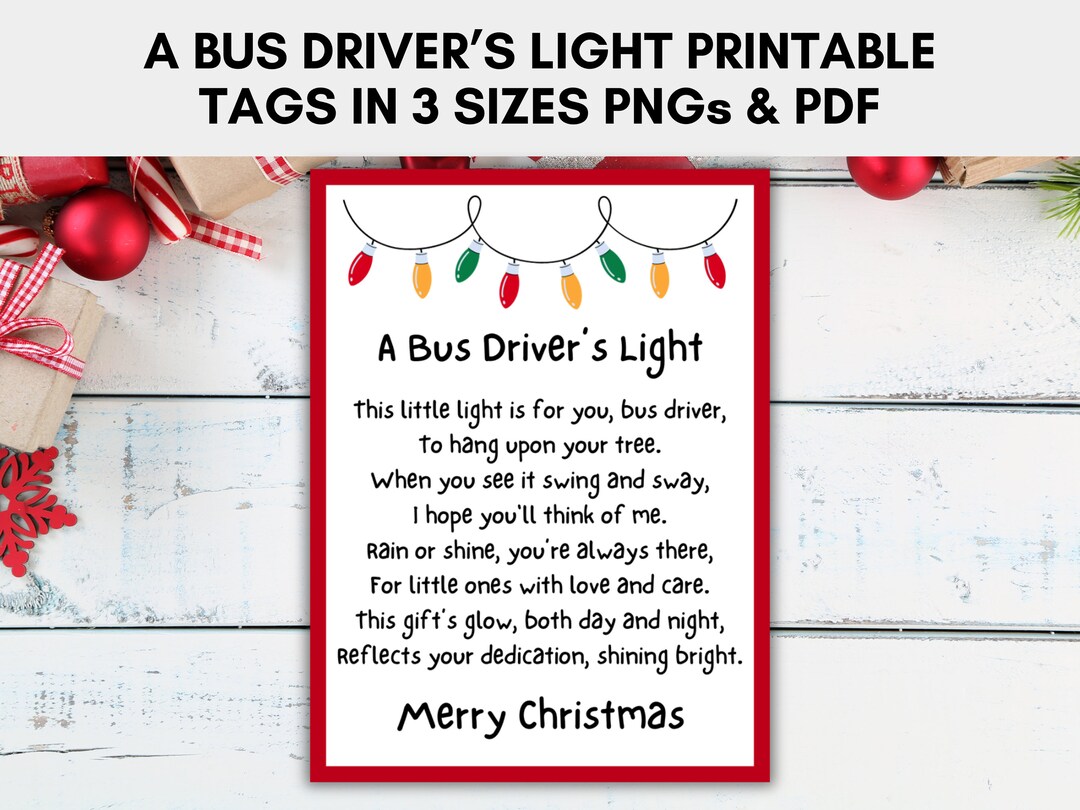 A Bus Driver's Light Card Tag in 3 Sizes, Christmas Tags, Printable ...