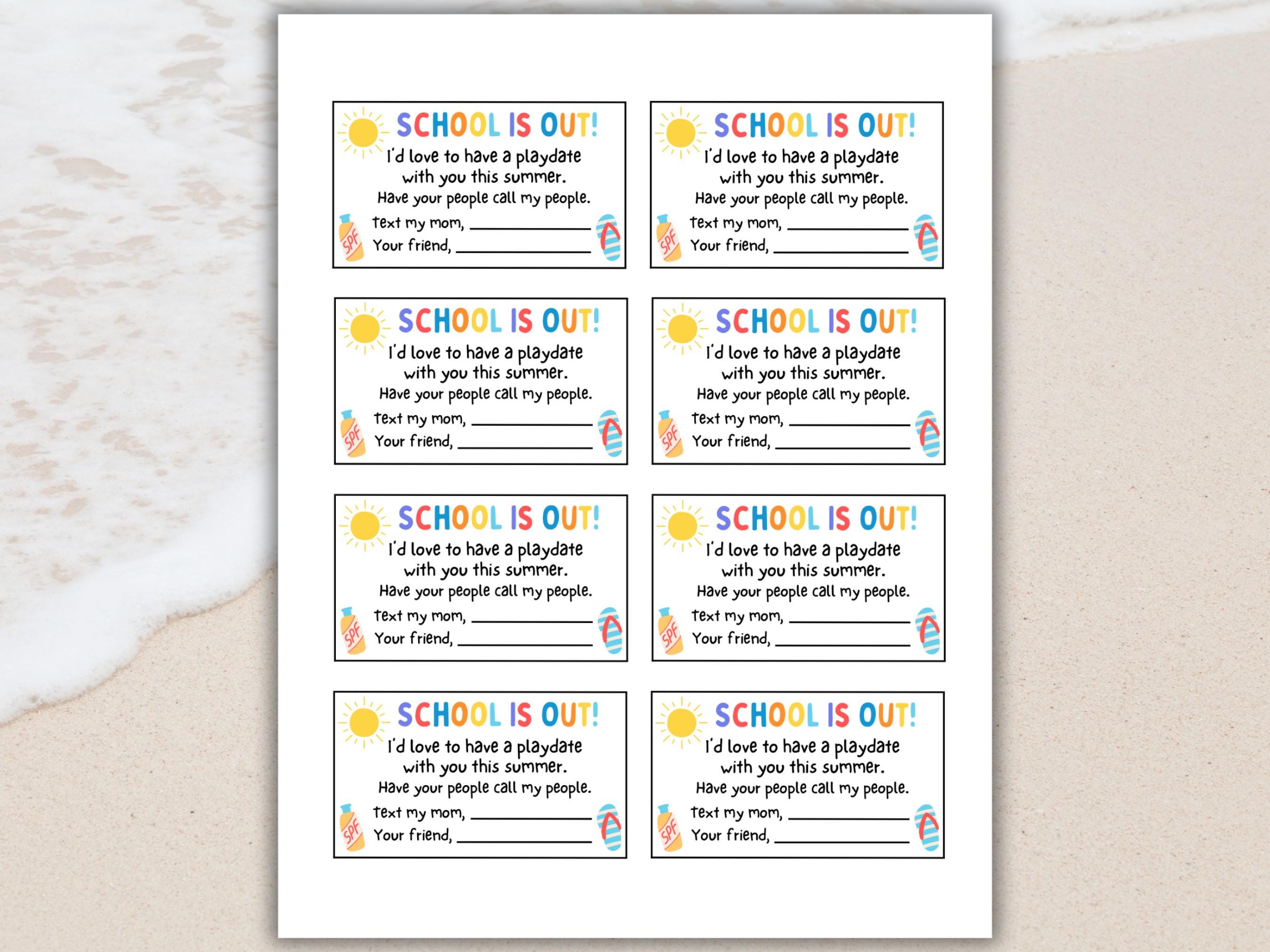 Playdate Cards, Printable Summer Contact Card, End of School Cards for ...