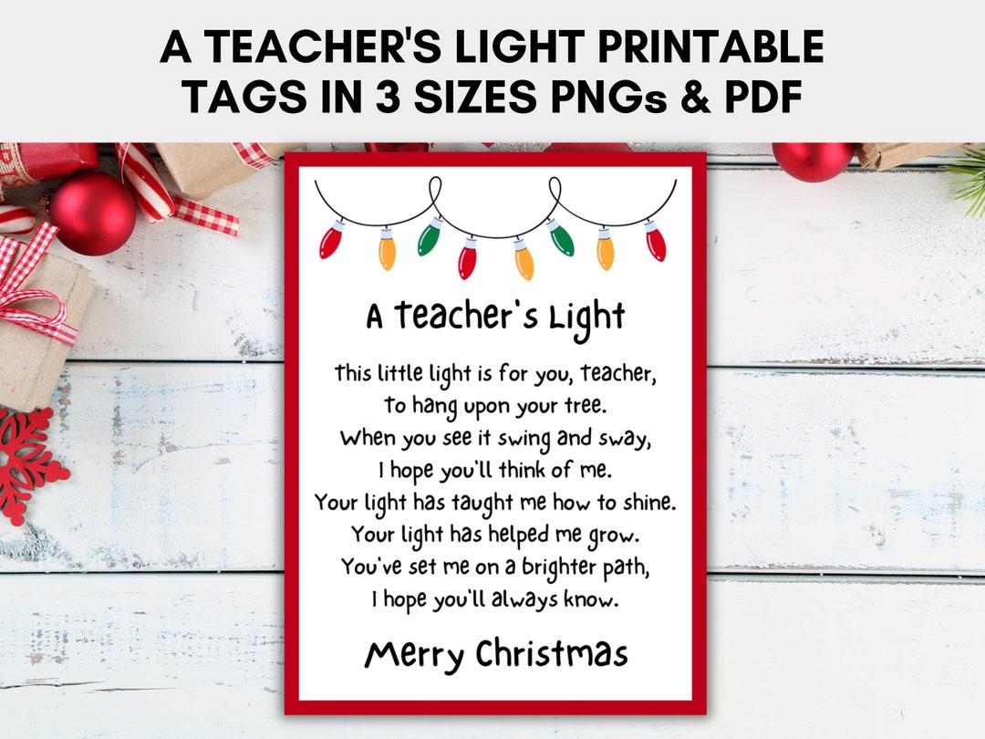A Teacher's Light Card Tag in 3 Sizes, Christmas Tags, Printable Card ...