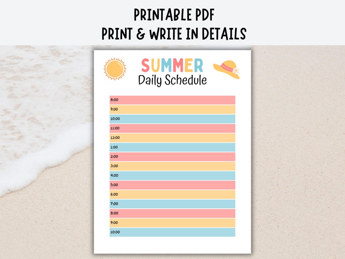 Summer Daily Schedule for Kids, Summer Schedule Printable Editable ...