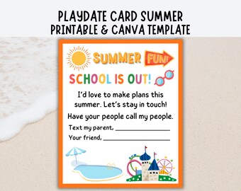 Playdate Cards, Printable Summer Contact Card, End of School Cards for ...