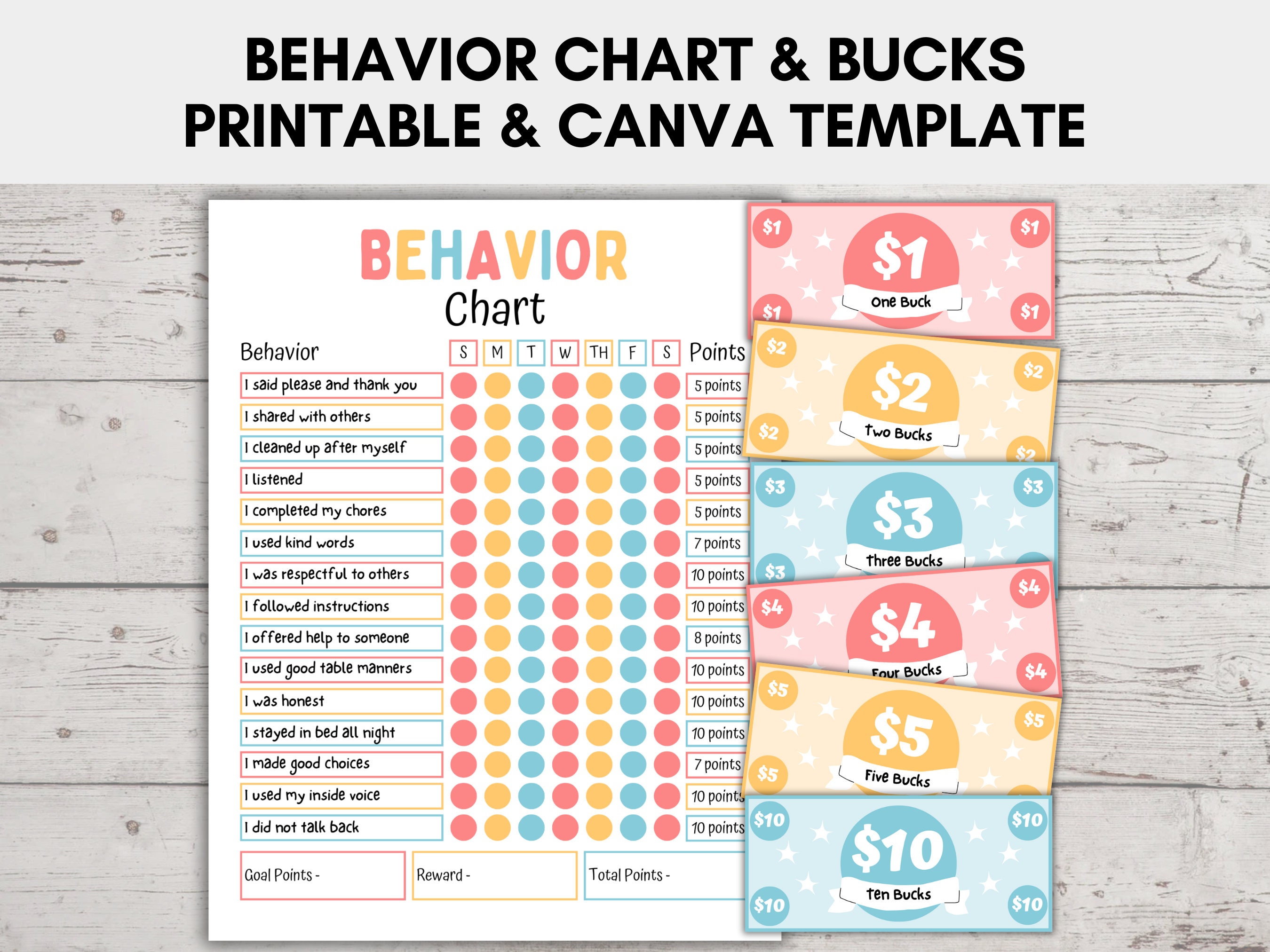Behavior Chart for Kids, Reward Bucks Printable, Reward Chart, Good ...