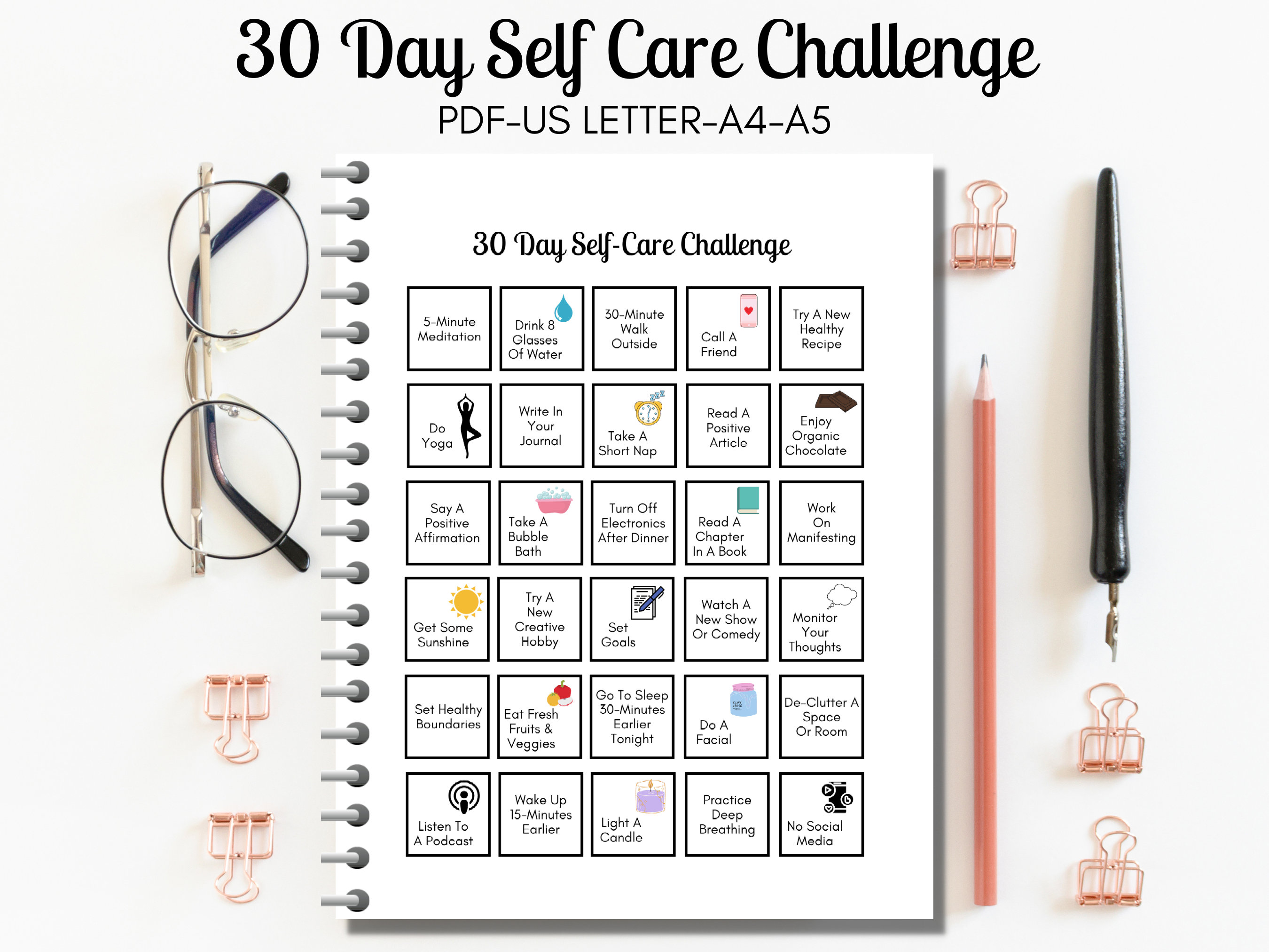 30 Day Self-care Challenge Printable PDF, Self Care Challenge 30 Day ...