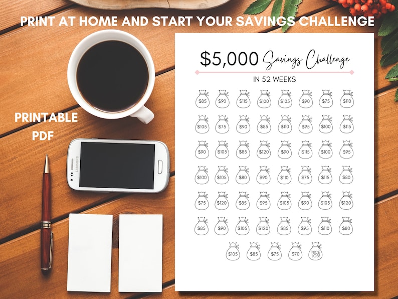 5,000 Savings Challenge 52 Weeks, 5000 Savings Tracker, Finance Tracker ...