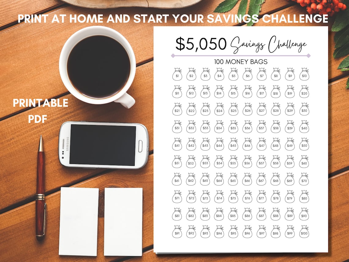 100 Envelope Challenge Printable, 5050 Money Savings Printable ...