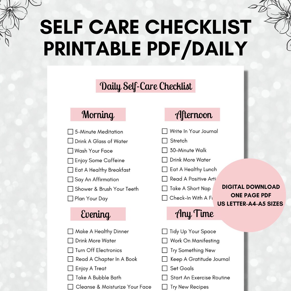 Daily Self Care Checklist Day at A Glance 1 Page Wellbeing - Etsy