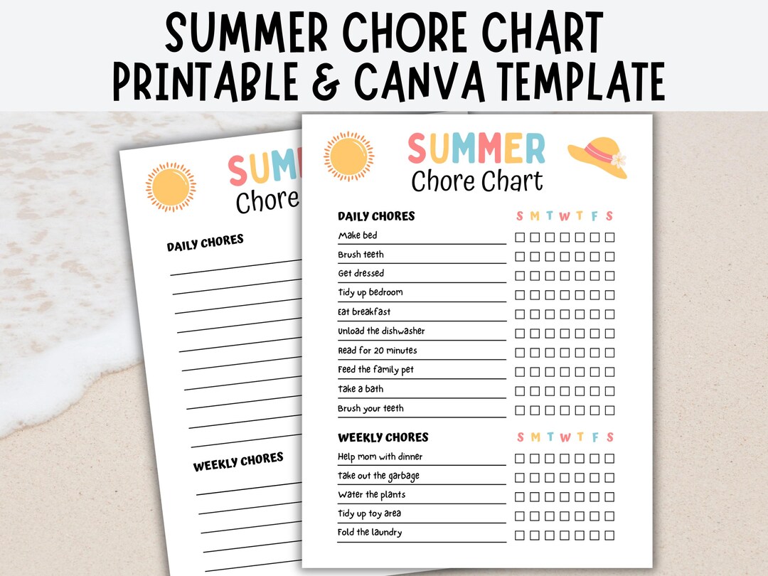 Summer Chore Chart for Kids, Editable Chore Chart, Chore Chart for Kids ...