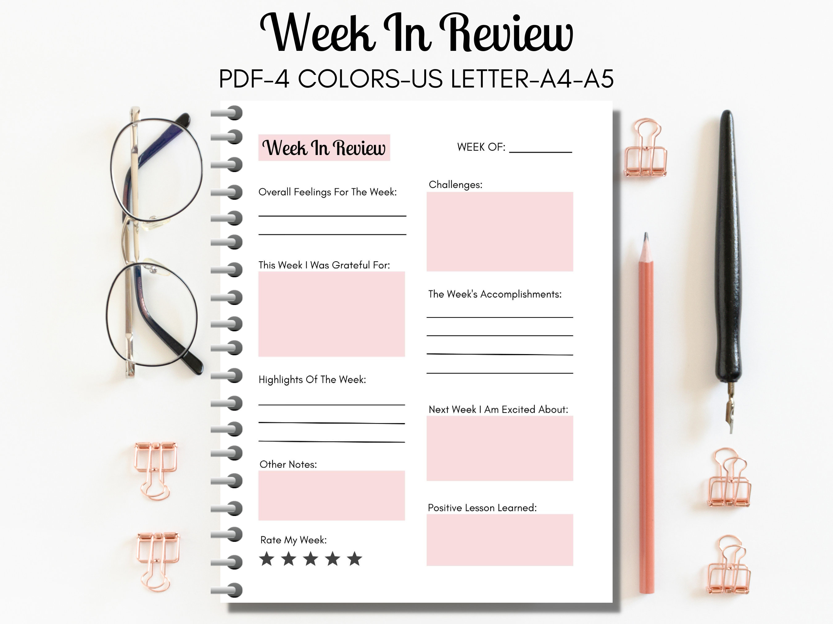 Weekly Check-in Journal Page, Printable PDF, Positivity & Gratitude ...