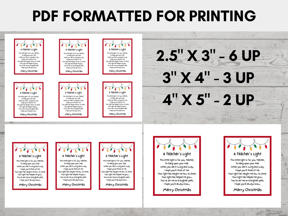A Teacher's Light Card Tag in 3 Sizes, Christmas Tags, Printable Card ...