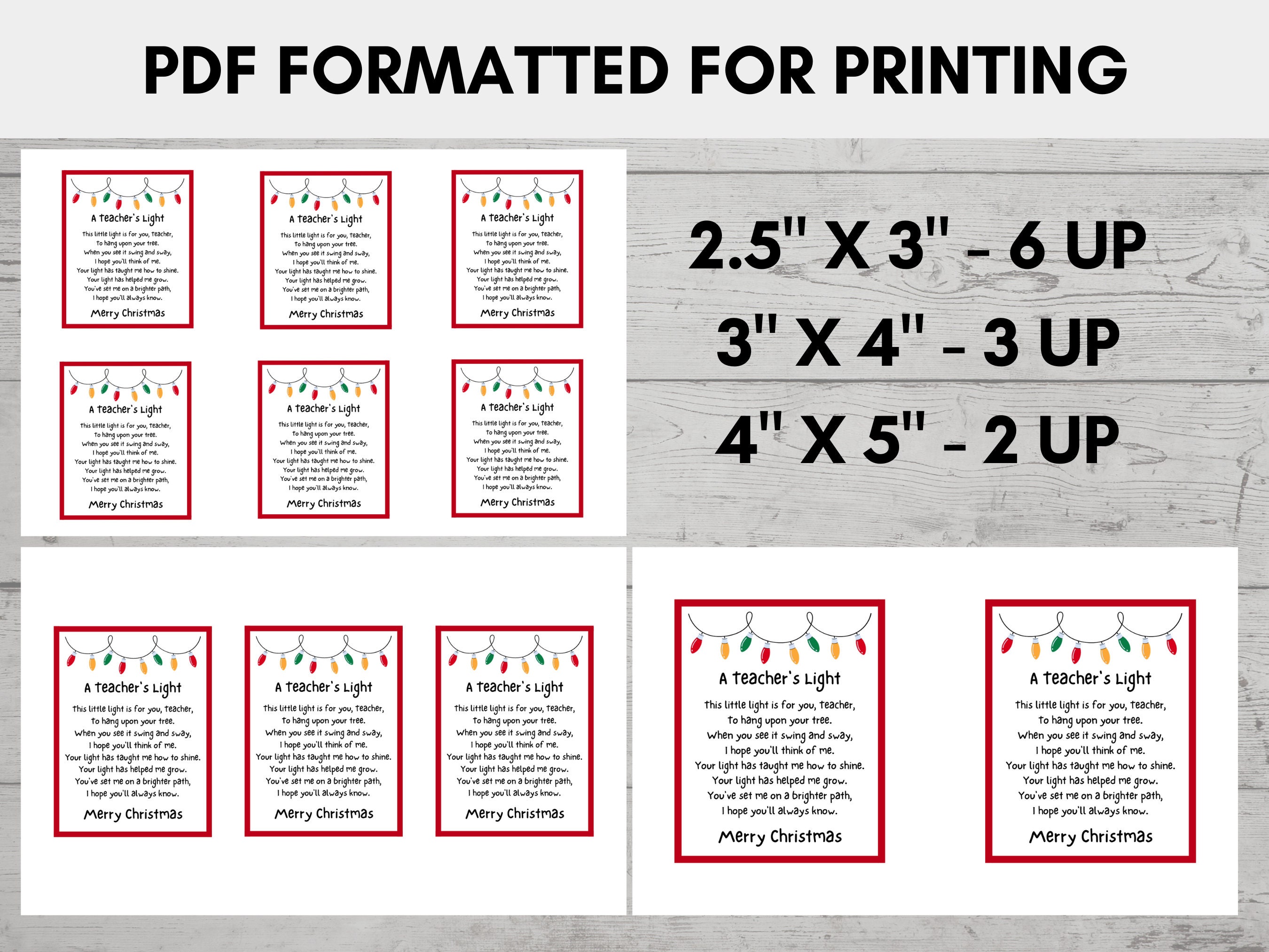 A Teacher's Light Card Tag in 3 Sizes, Christmas Tags, Printable Card ...