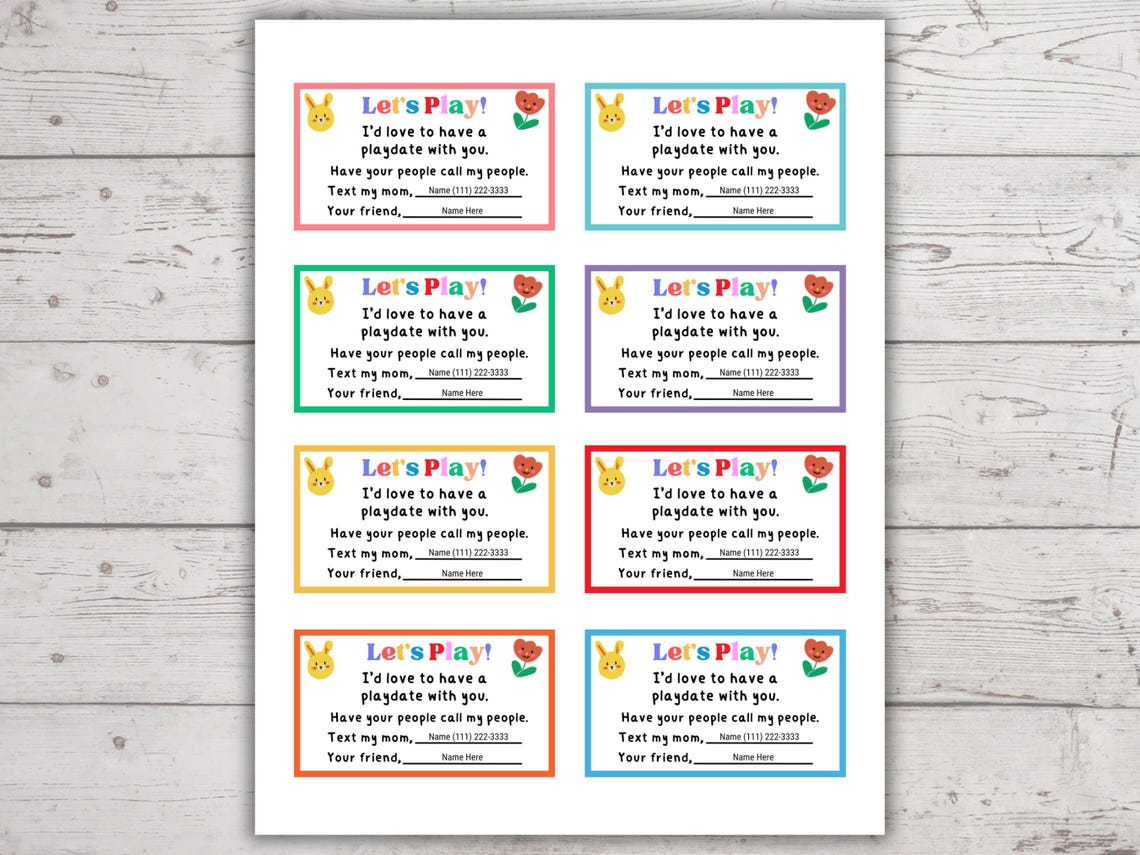Playdate Cards, Printable & Editable Playdate Cards for Kids, Play Date ...
