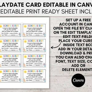 Playdate Cards, Printable Summer Contact Card, End of School Cards for ...