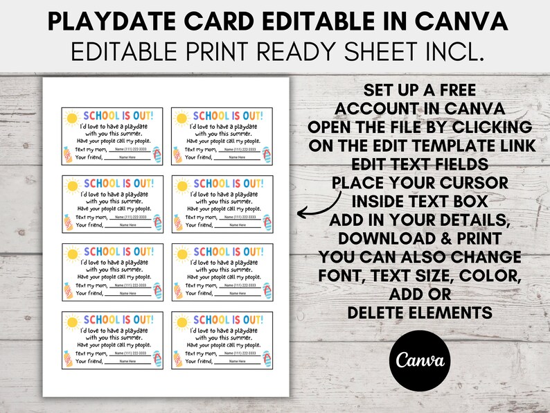 Playdate Cards, Printable Summer Contact Card, End of School Cards for ...
