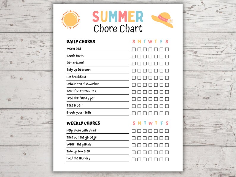 Summer Chore Chart for Kids, Editable Chore Chart, Chore Chart for Kids ...