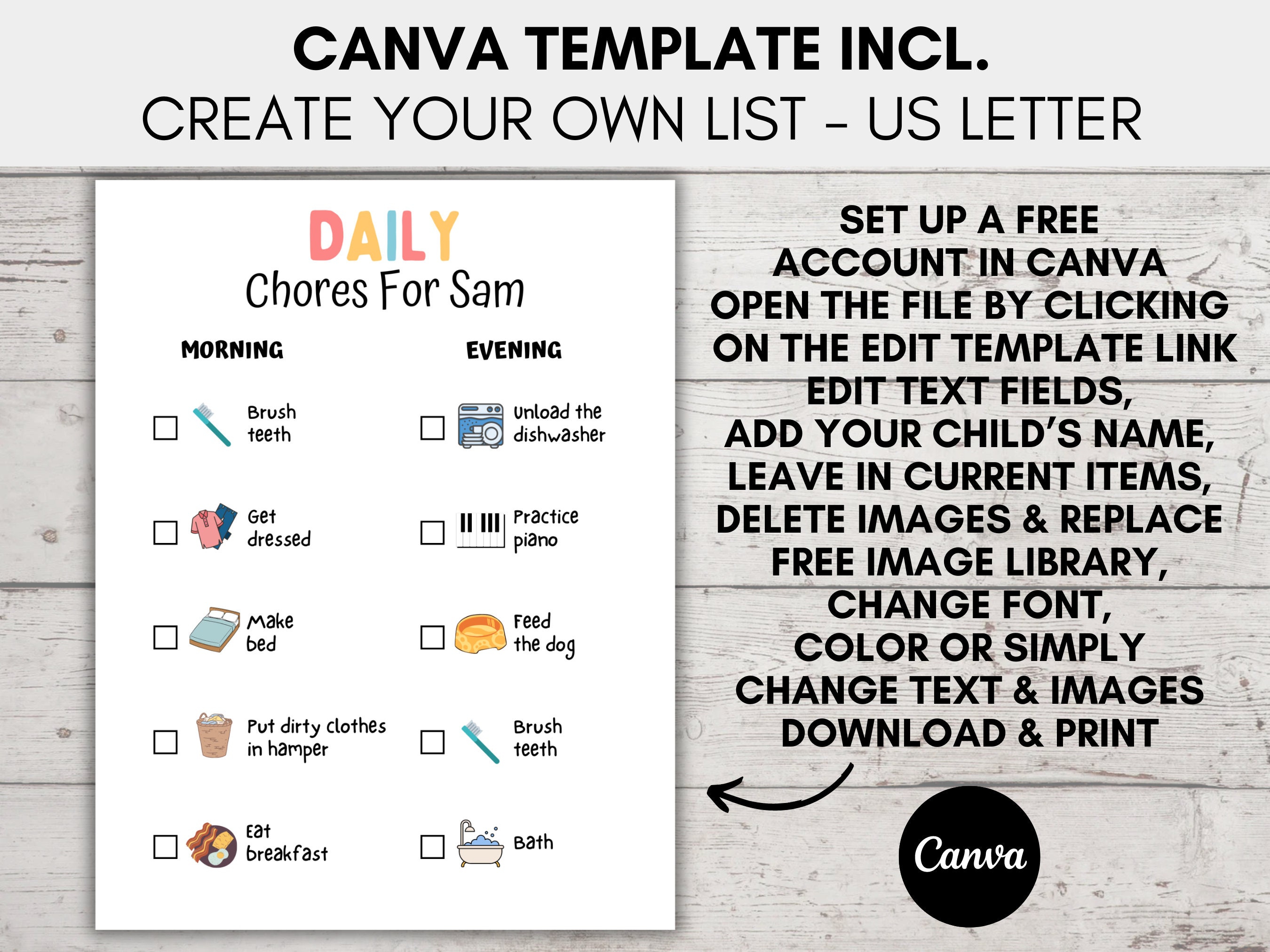 Daily Chore Chart for Kids, Summer Chore Chart Editable, Chore Chart ...