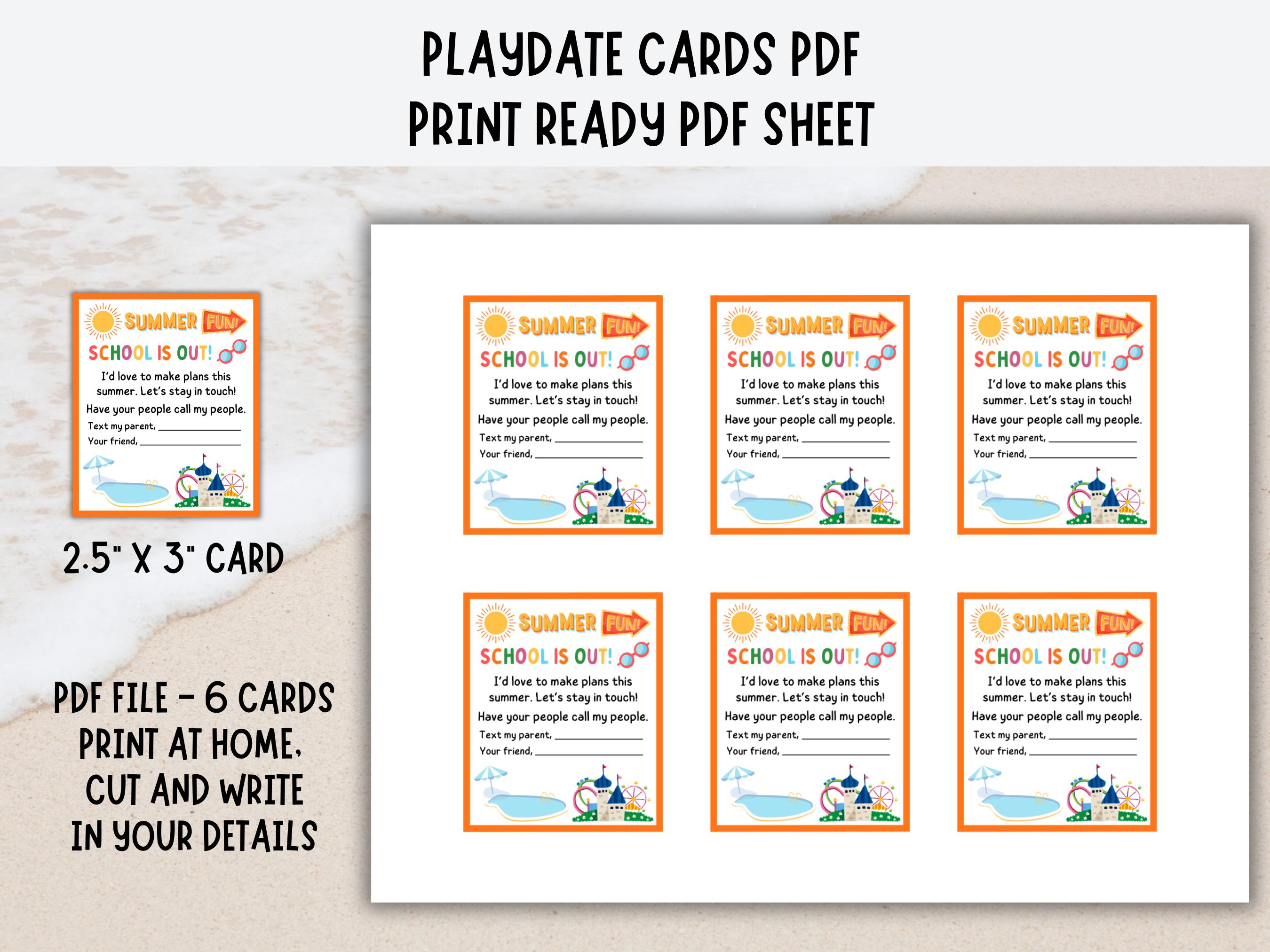 Playdate Cards Printable, Editable Summer Contact Card, End of School ...
