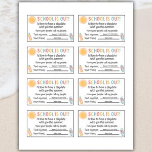 Playdate Cards, Editable & Printable Kids Summer Contact Card, End of ...