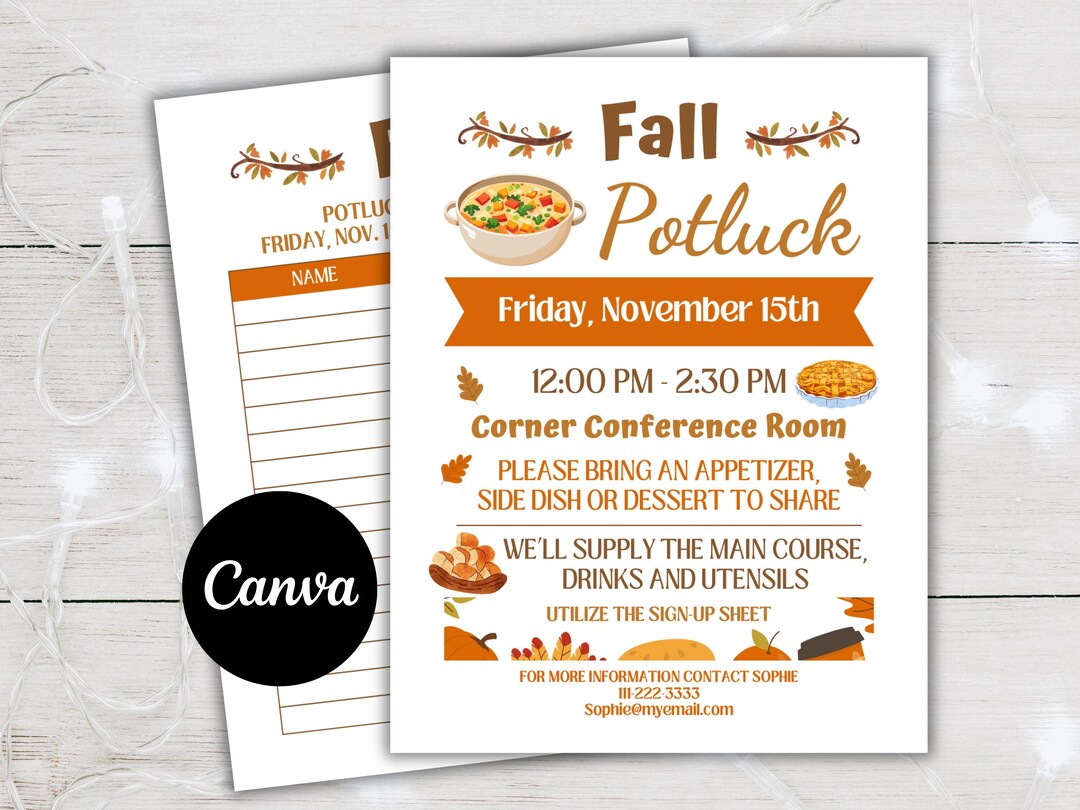 Fall Potluck Flyer and Sign up Sheet, Fall Potluck Flyer Template, Fall ...