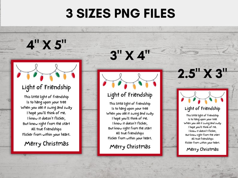 Light of Friendship Card Tag in 3 Sizes, Christmas Tags, Printable Card ...