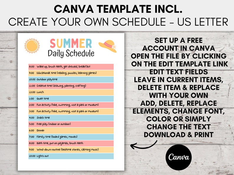Summer Daily Schedule for Kids, Summer Schedule Printable Editable ...