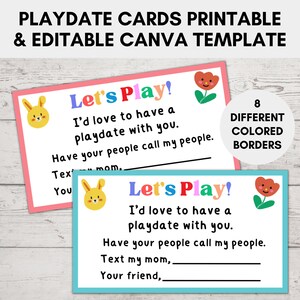 Playdate Cards, Printable & Editable Playdate Cards for Kids, Play Date ...
