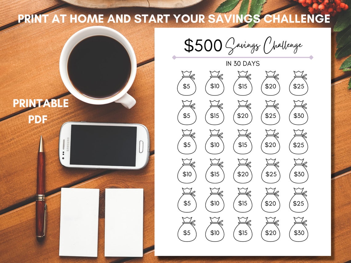 500 Money Saving Challenge, Save 500 in 30 Days, 500 Savings Tracker ...