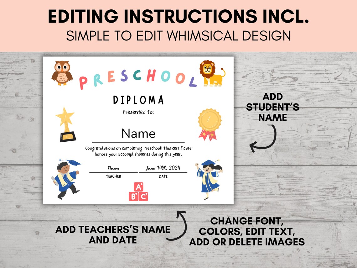 Editable Preschool Certificate, Printable Preschool Diploma, Preschool ...
