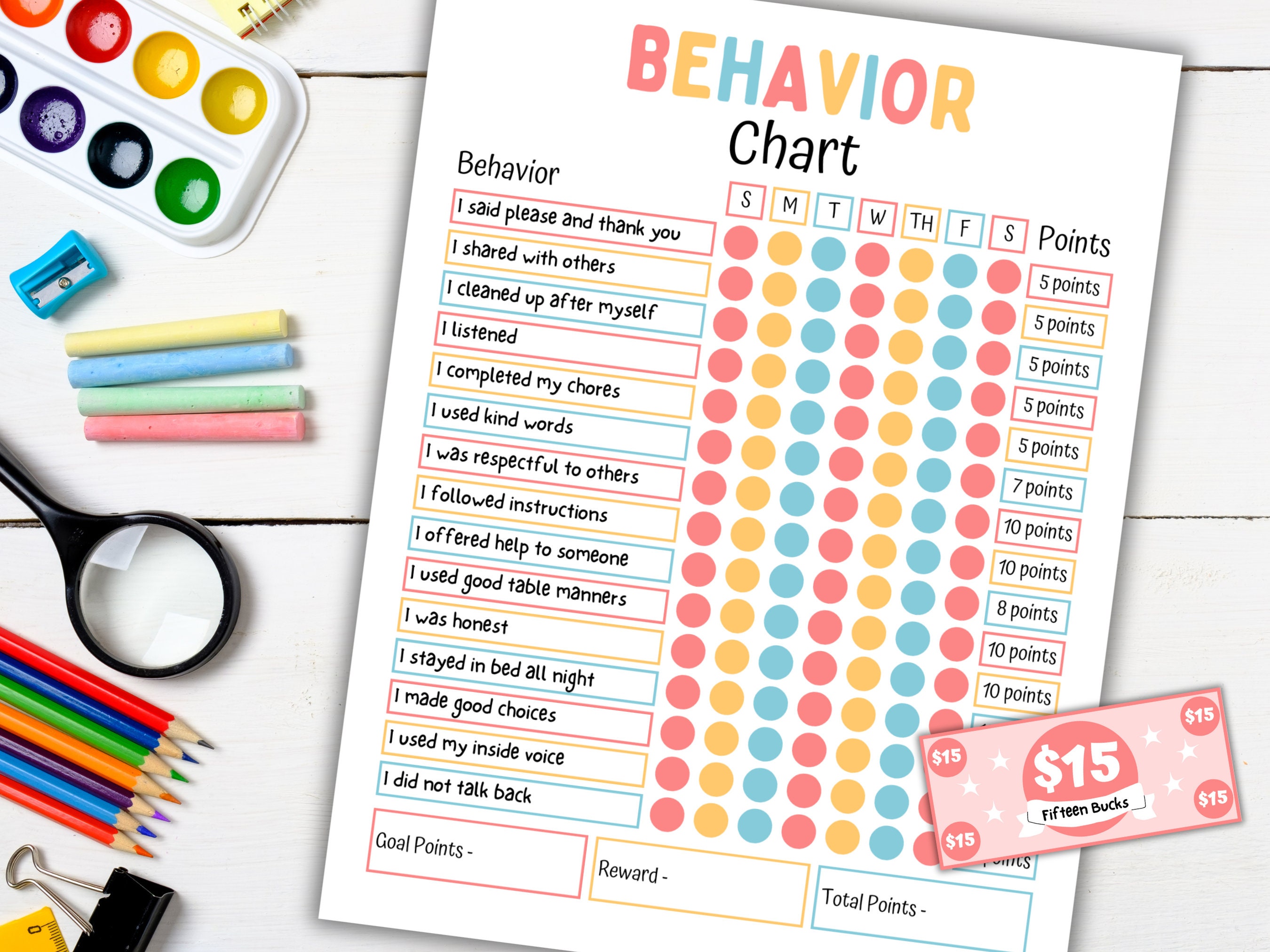 Behavior Chart for Kids, Reward Bucks Printable, Reward Chart, Good ...