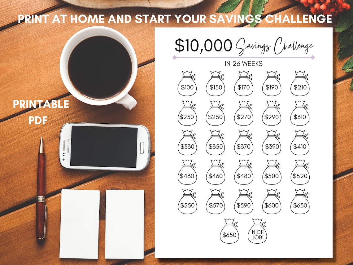 10,000 Savings Challenge 26 Weeks, 10000 Savings Tracker, Finance ...
