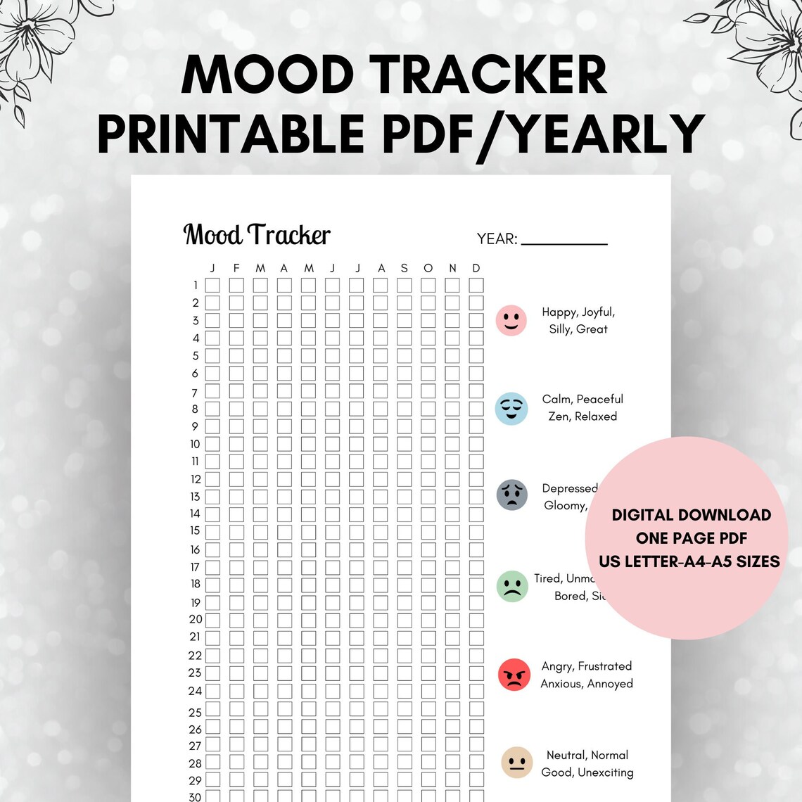 Mood Tracker Printable, Daily Emotions Mood, Feelings Journal, Self ...