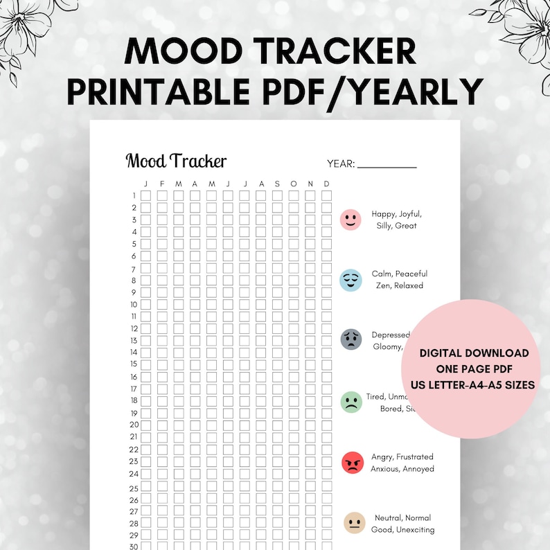 Mood Tracker Printable, Daily Emotions Mood, Feelings Journal, Self ...