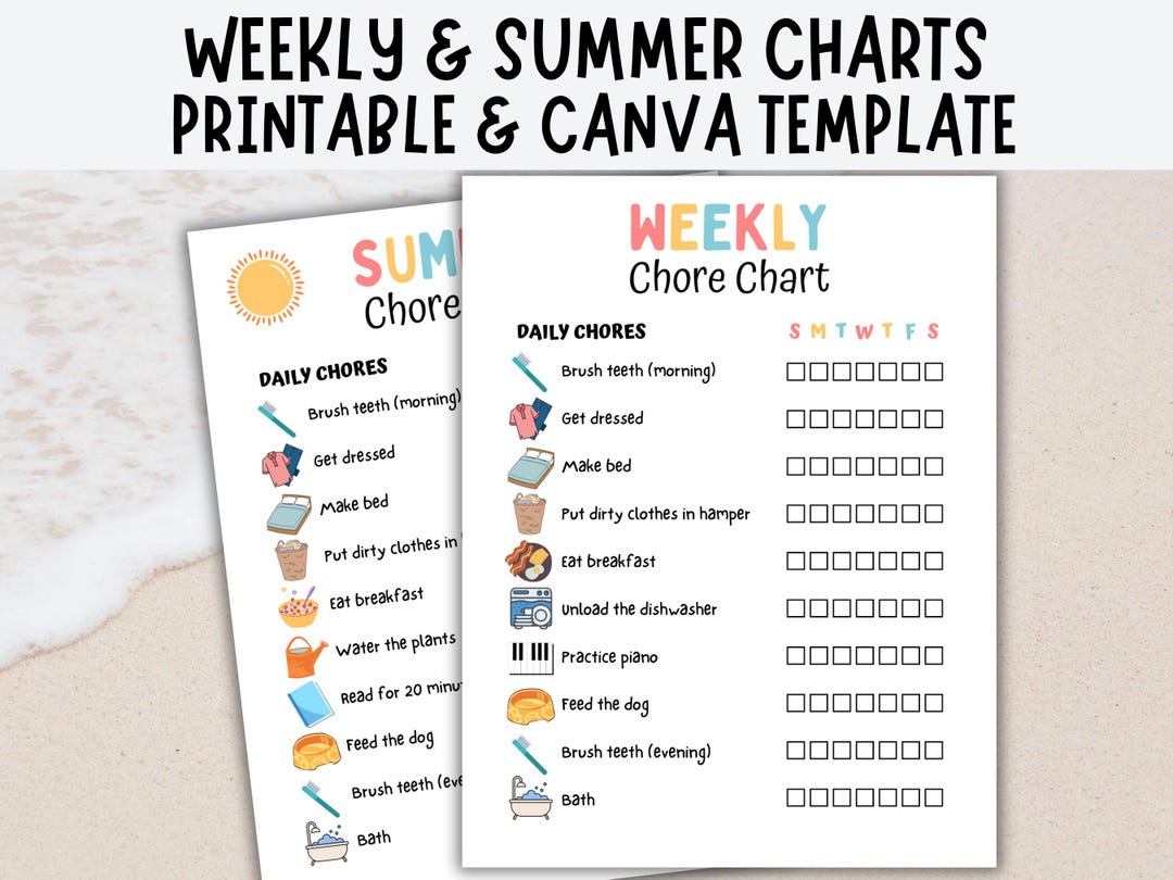 Chore Chart for Kids, Summer Chore Chart Editable, Weekly Chore Chart ...