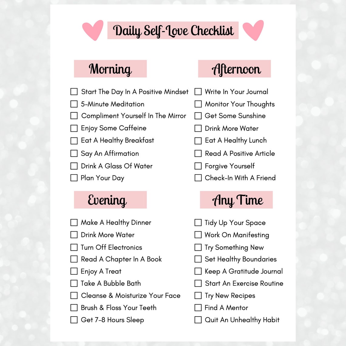 Self Love Checklist Printable PDF, Daily Routine Self Love, Daily Habit ...