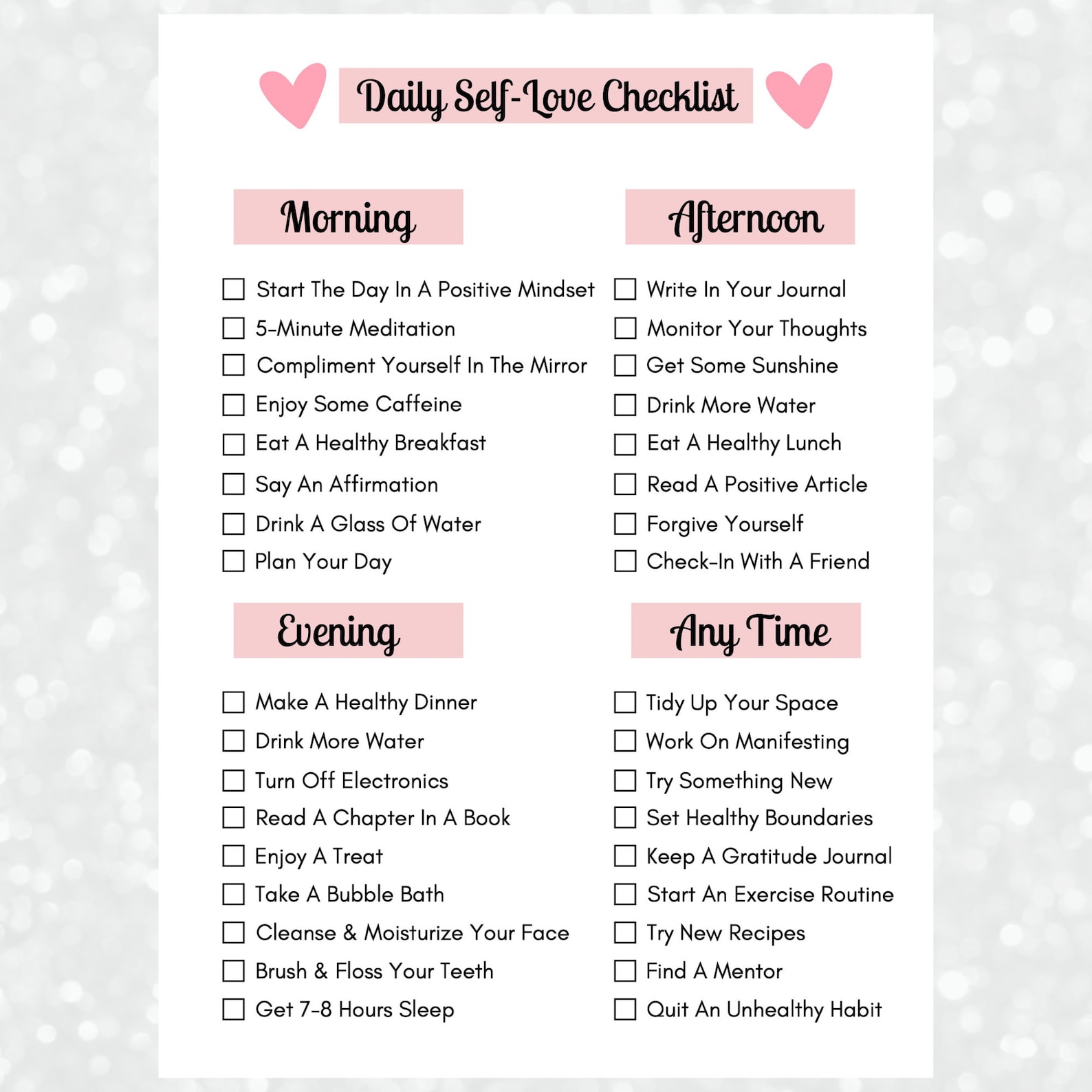 Self Love Checklist Printable PDF, Daily Routine Self Love, Daily Habit ...